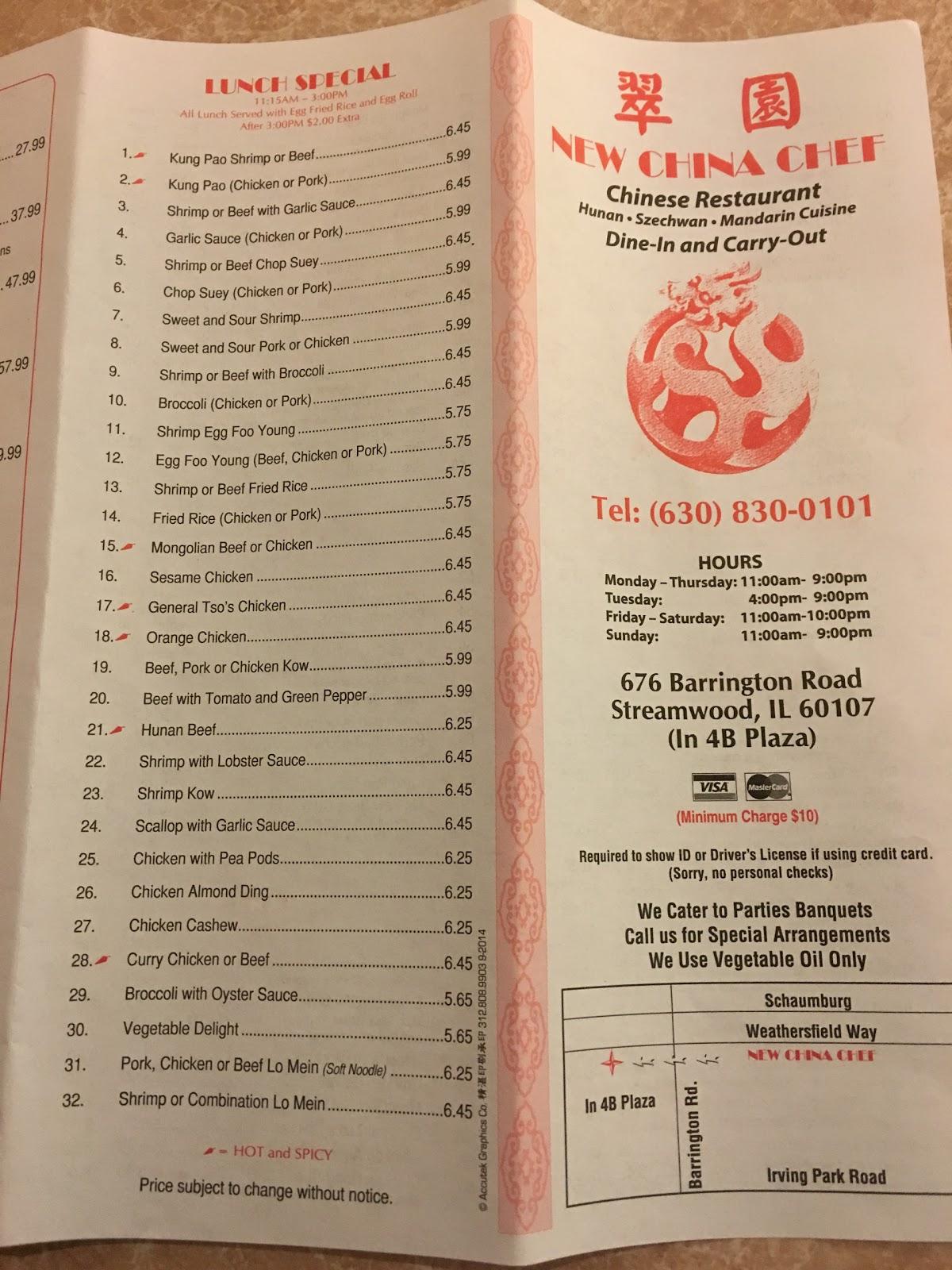 Menu at New China Chef restaurant, Streamwood
