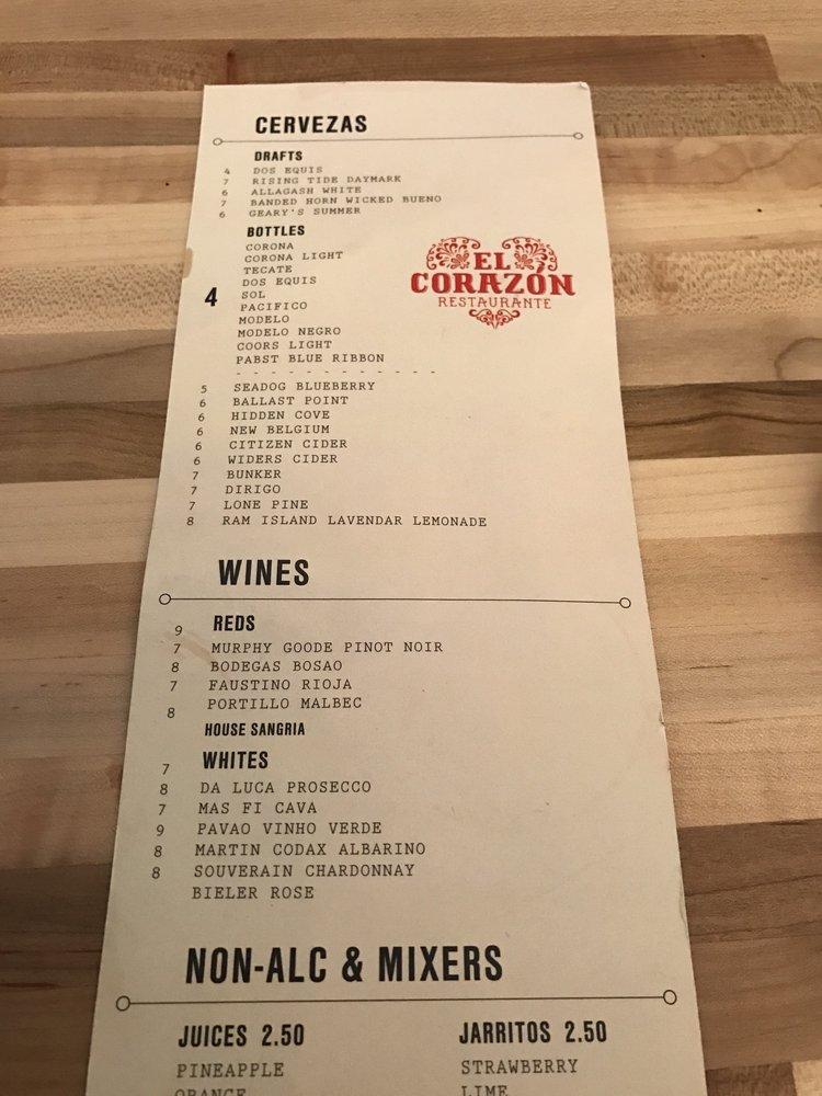 Menu at Restaurante El Corazon, Portland, 190 State St