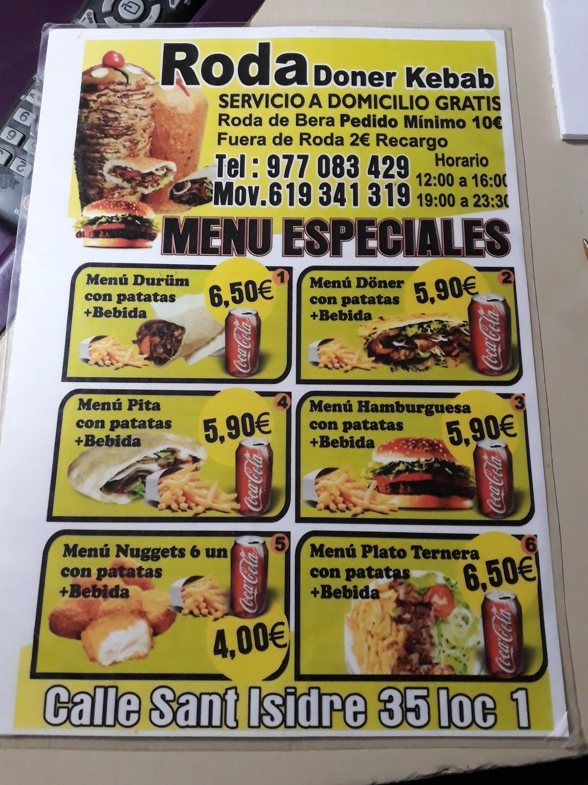 Menu at Roda Doner Kebab restaurant, Roda de Berà