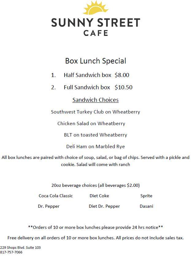 Menu at Sunny Street Cafe, Willow Park, 229 Shops Blvd Suite 103