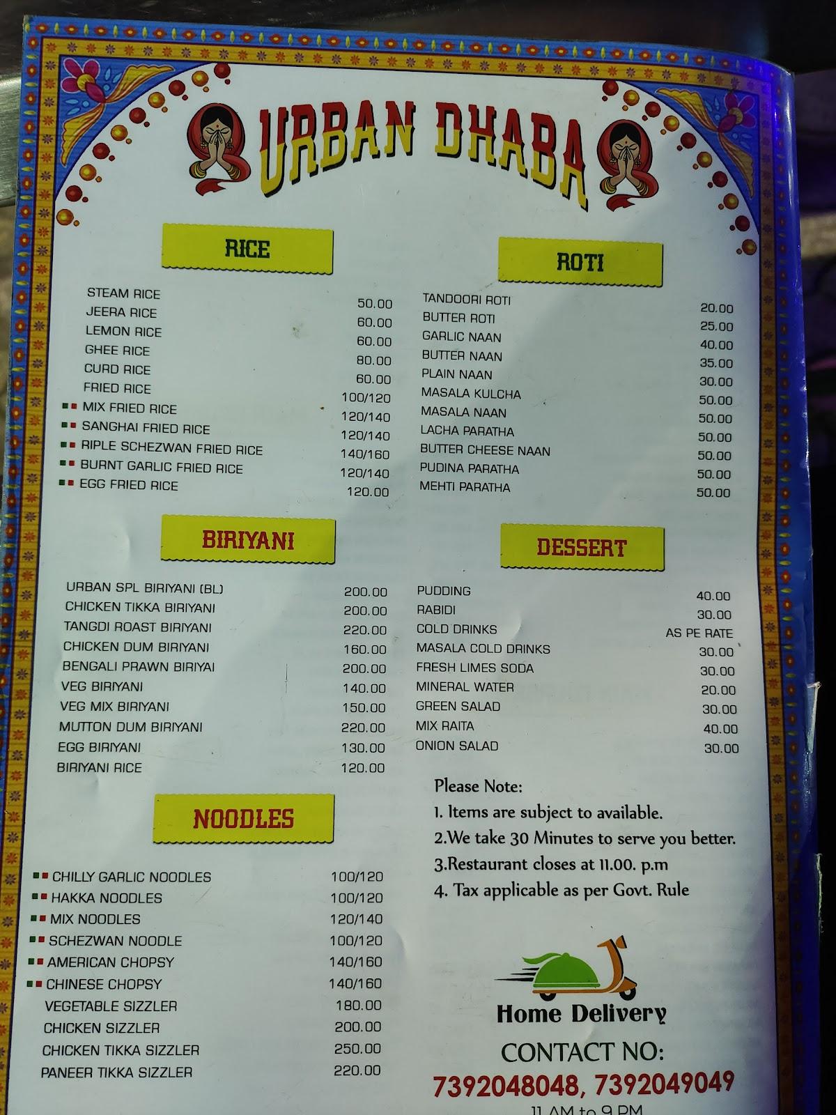 Menu at Urban dhaba, Brahmapur, bypass