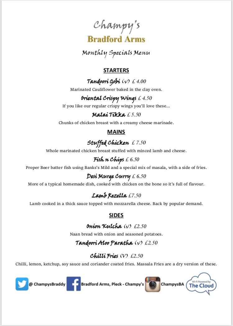 Menu at Champy's Bradford Arms pub & bar, Walsall, 504 Pleck Rd