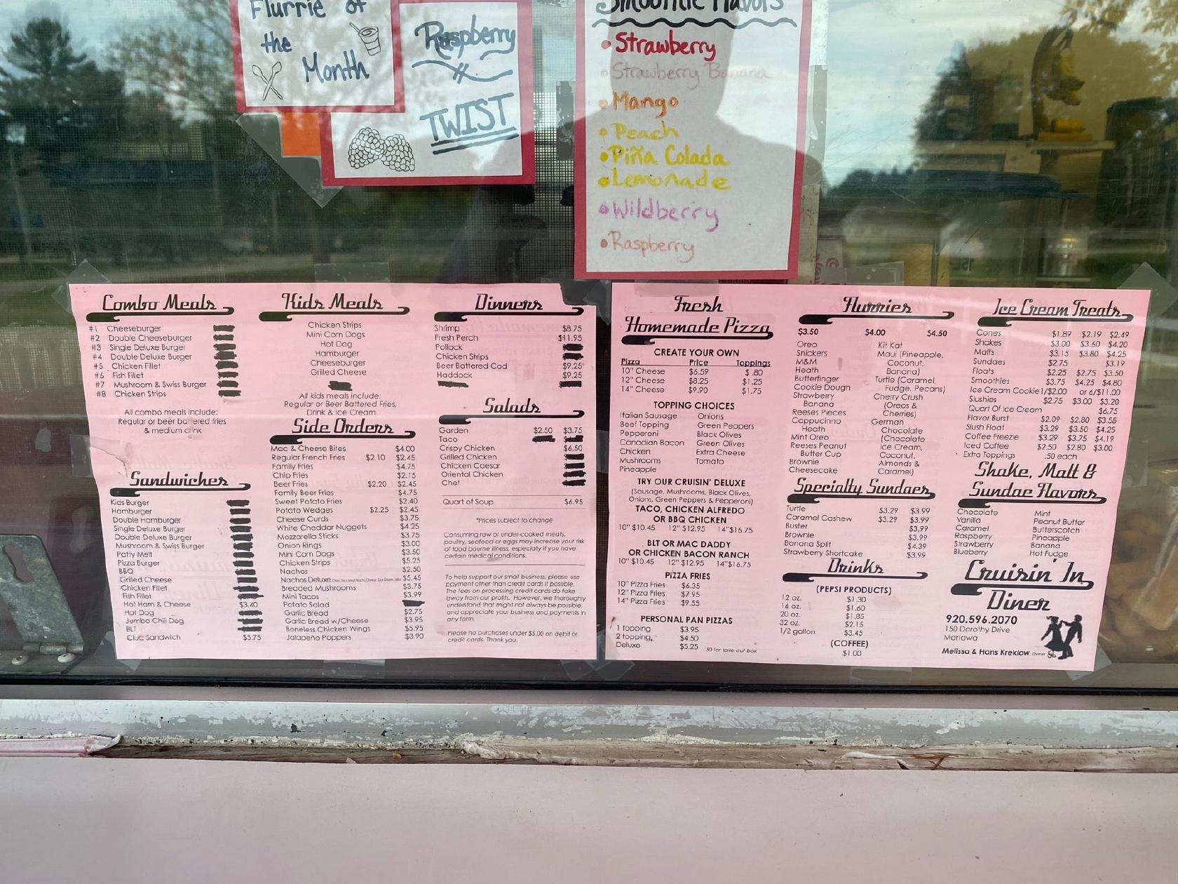 Menu at Cruisin In restaurant, Manawa