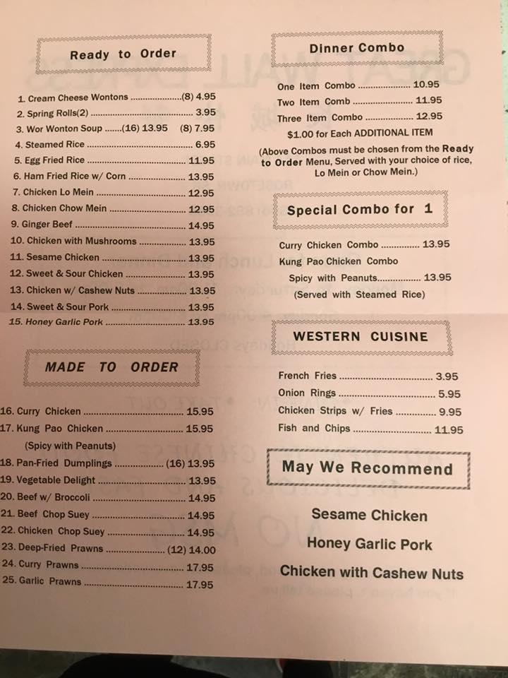Menu at Great Wall Express restaurant, Rosetown