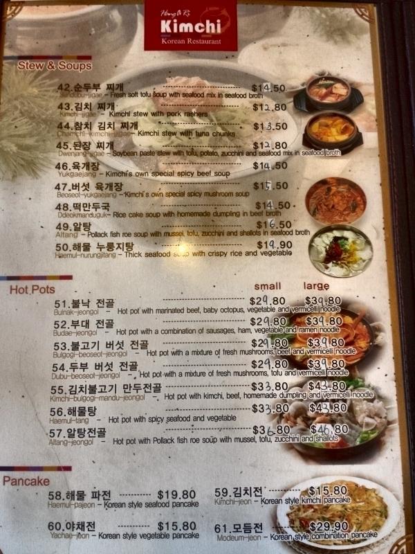 Menu at Hangari Kimchi restaurant, Dickson