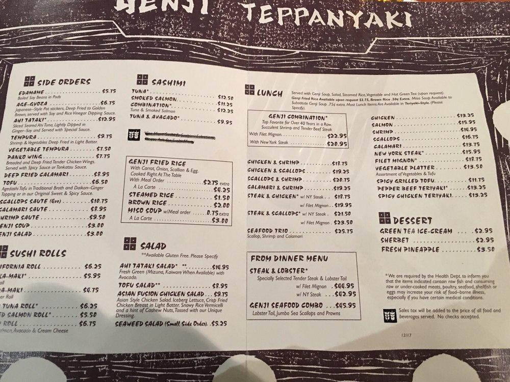 Menu at House of Genji restaurant, San Jose