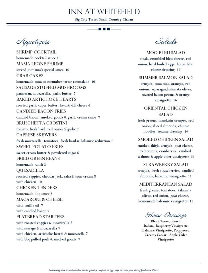 Menu at Inn At Whitefield pub & bar, Whitefield