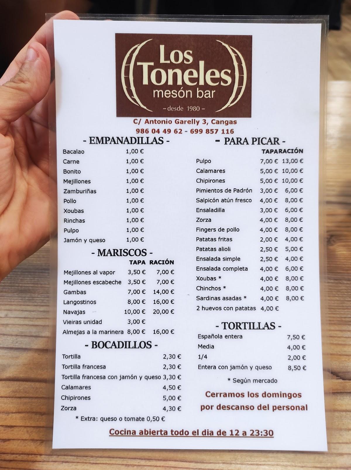 Carta del pub y bar Los Toneles, Cangas