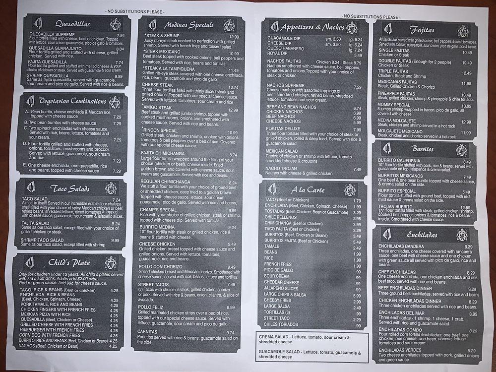 Menu at Medina's restaurant, Girard