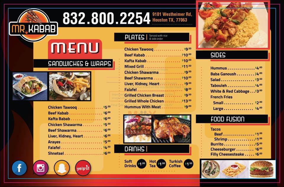 Menu at Mr. Kabab restaurant, USA, CLOSED