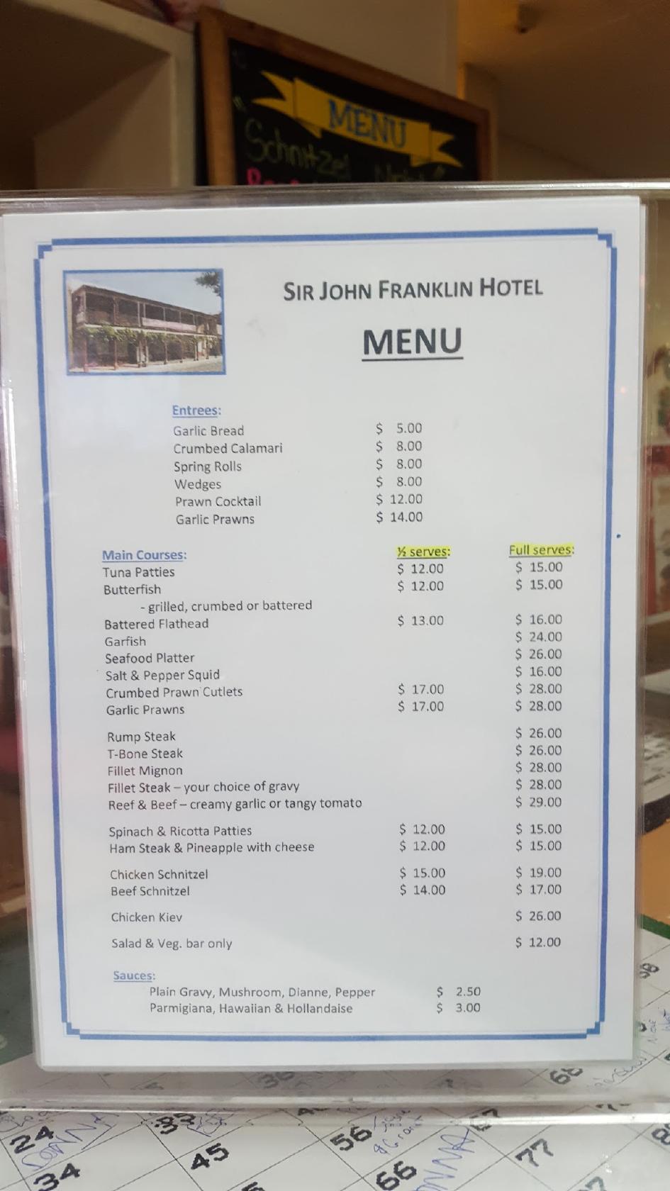 Menu at Sir John Franklin Hotel restaurant, Kapunda
