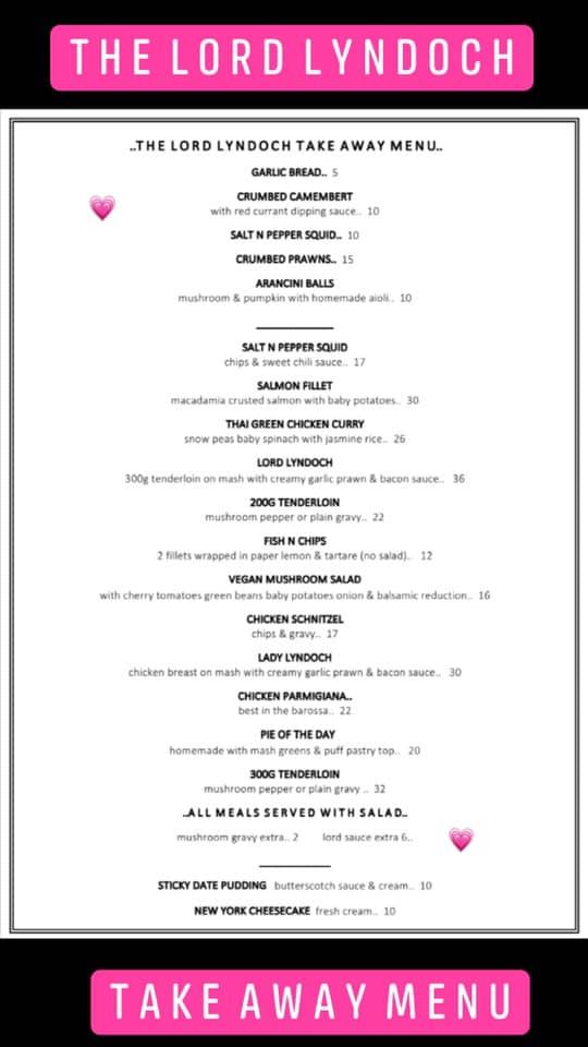Menu at The Lord Lyndoch steakhouse, Lyndoch