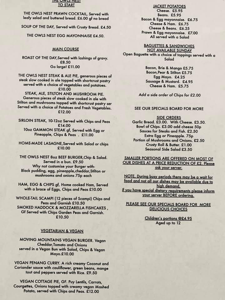 Menu at The Owls Nest pub & bar, Ferndown