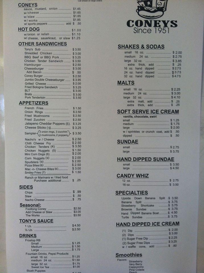 Menu at Tony's Coneys restaurant, Columbus