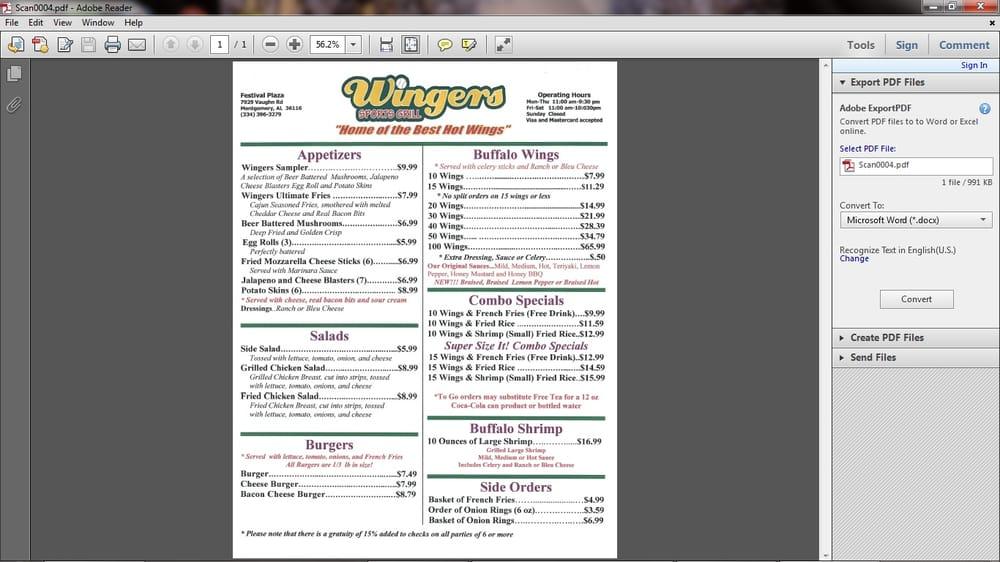 Menu at Wingers Sports Bar& Grill (Festival Plaza), Montgomery, Vaughn Rd