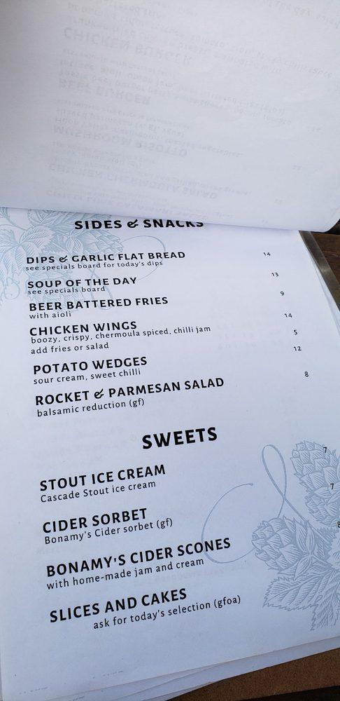 Menu at Cascade Brewery Bar, South Hobart
