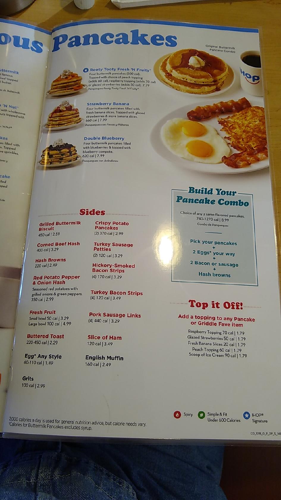 Menu at IHOP restaurant, Cocoa Beach