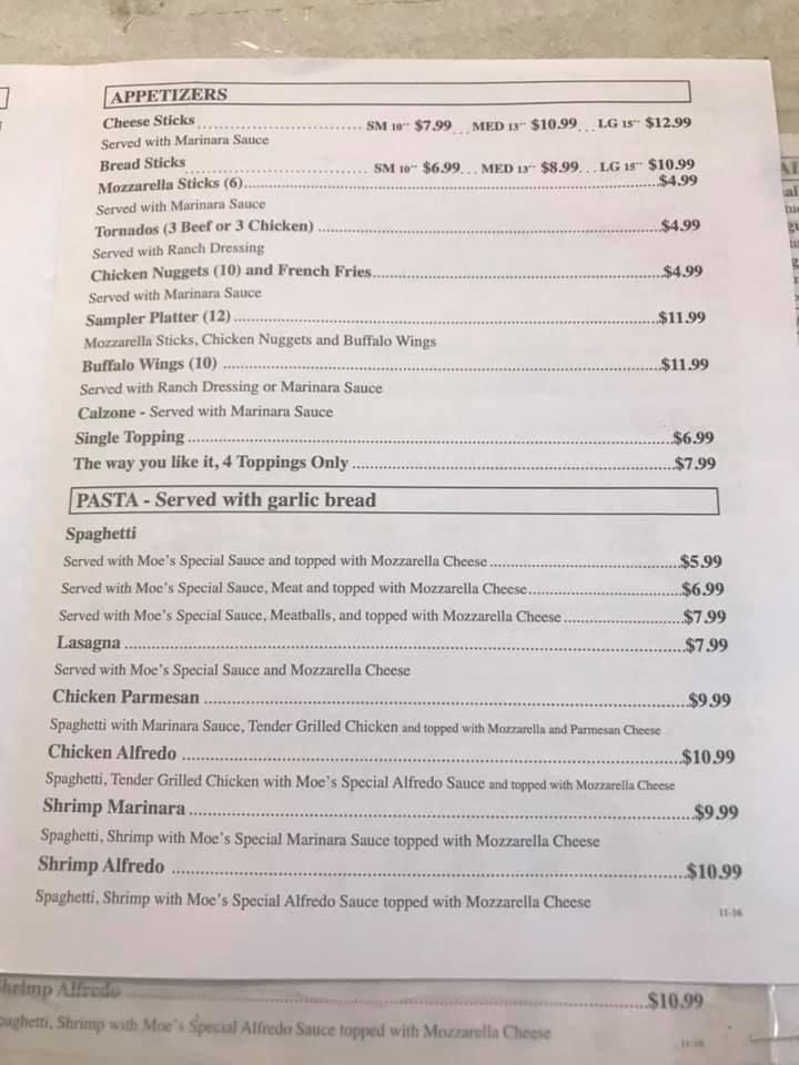 Menu at Moe's Pizza pizzeria, White Oak