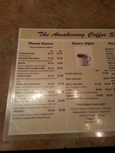 Menu at The Awakening Coffee Shop, Brookshire