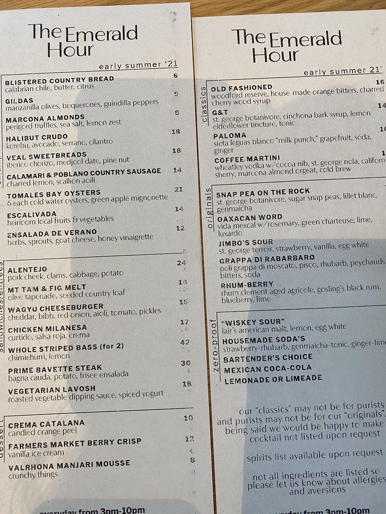 Menu at The Emerald Hour pub & bar, Mountain View, N Shoreline Blvd