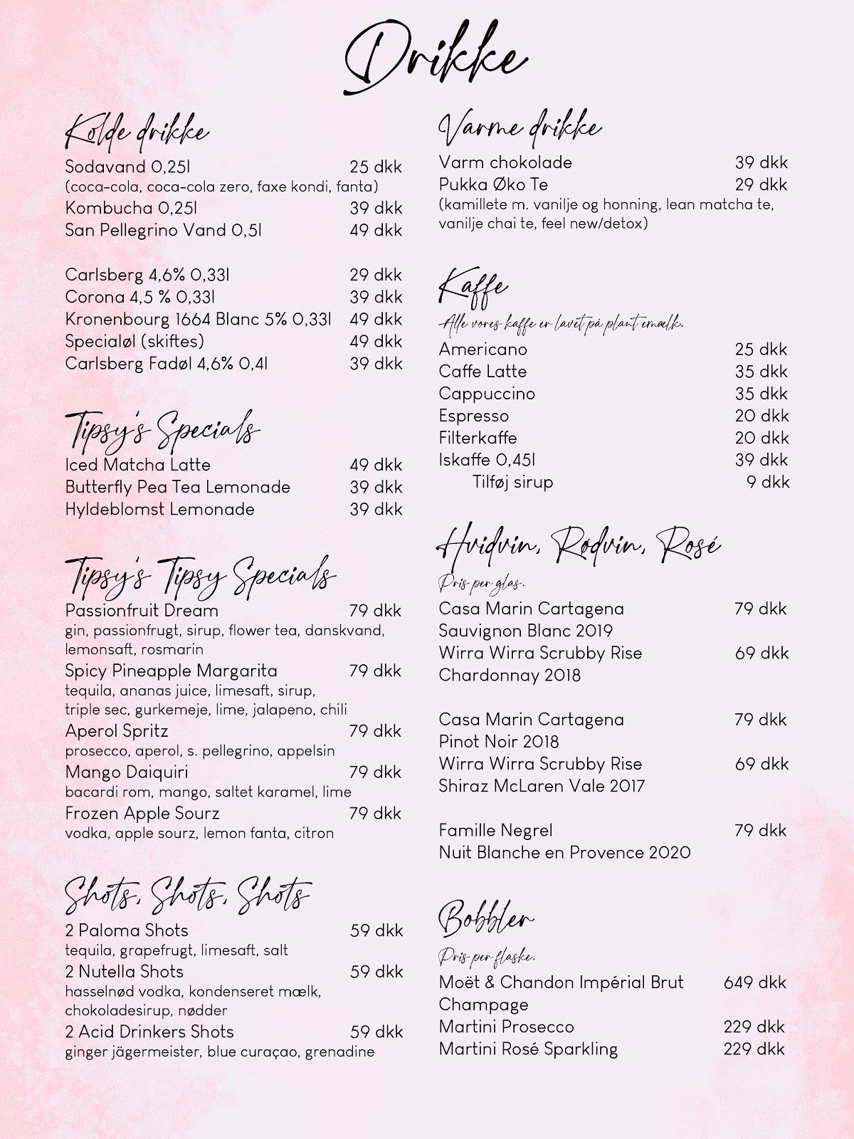 Menu at Tipsy restaurant, Aarhus