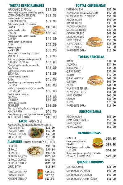 Menu at Tortas Locas restaurant, Mexico City, Av. Guadalupe I. Ramírez 180