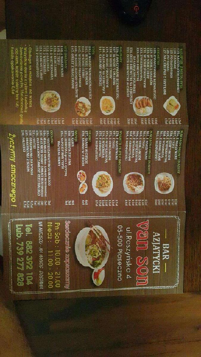 Menu at Van Son restaurant, Piaseczno, Raszyńska 4