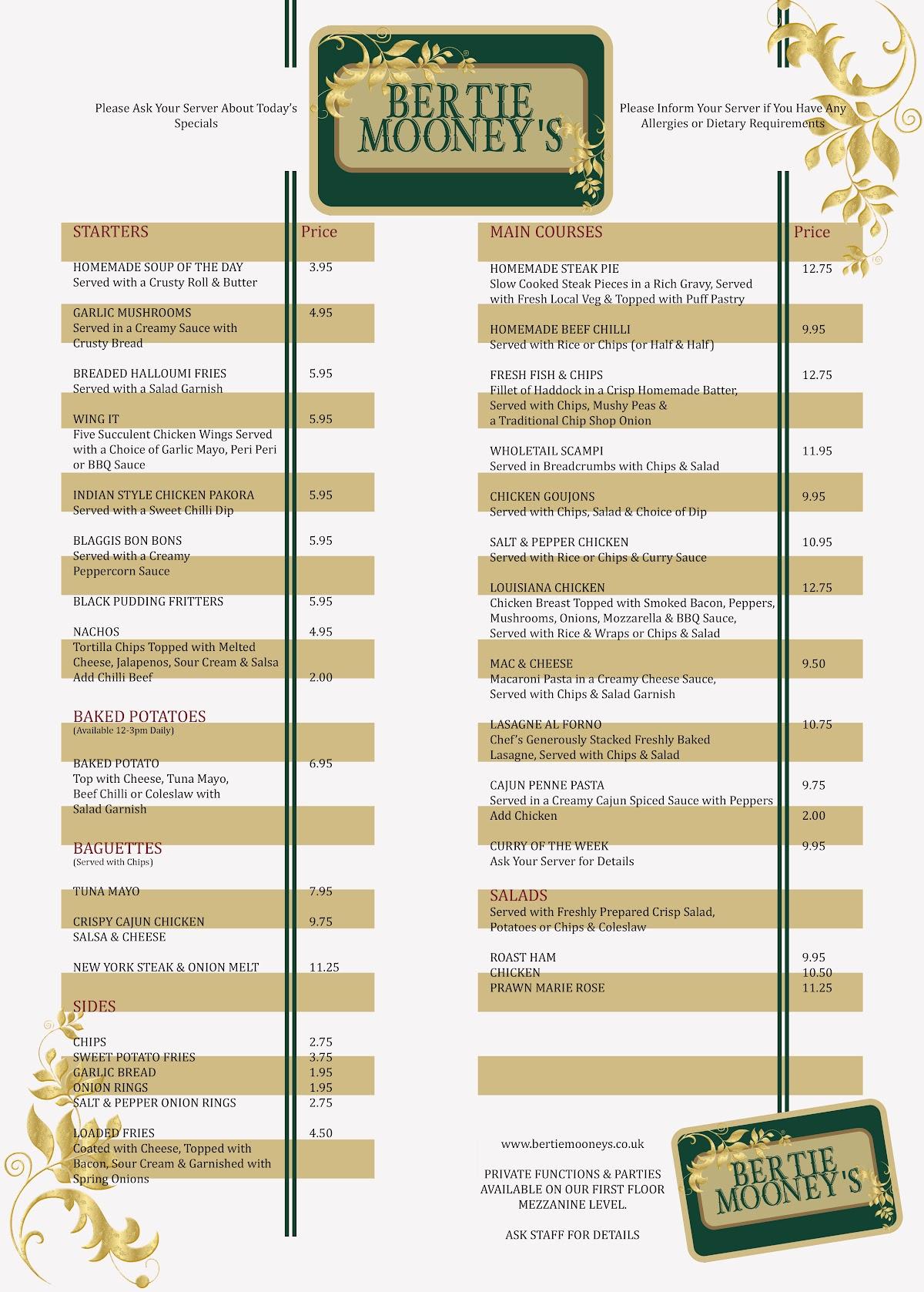 Menu at Bertie Mooney's pub & bar, Dundee
