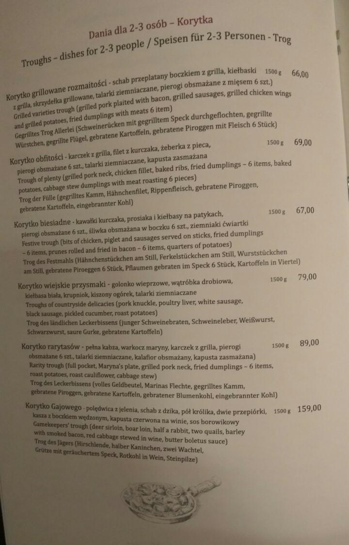 Menu at Chata Polaka restaurant, Gliwice