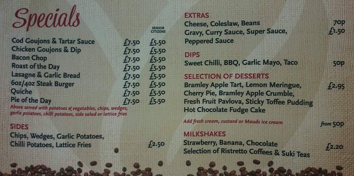 Menu at Ellie Mo's cafe, Portadown