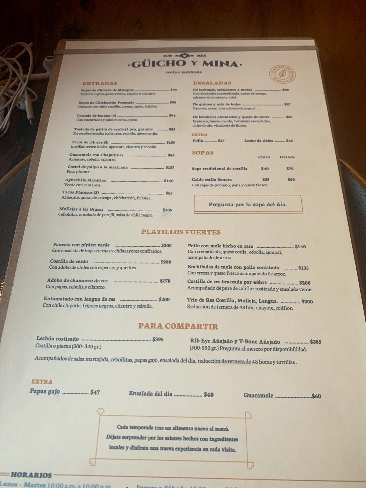 Carta del restaurante Güicho y Mina Cocina Mexicana, Saltillo