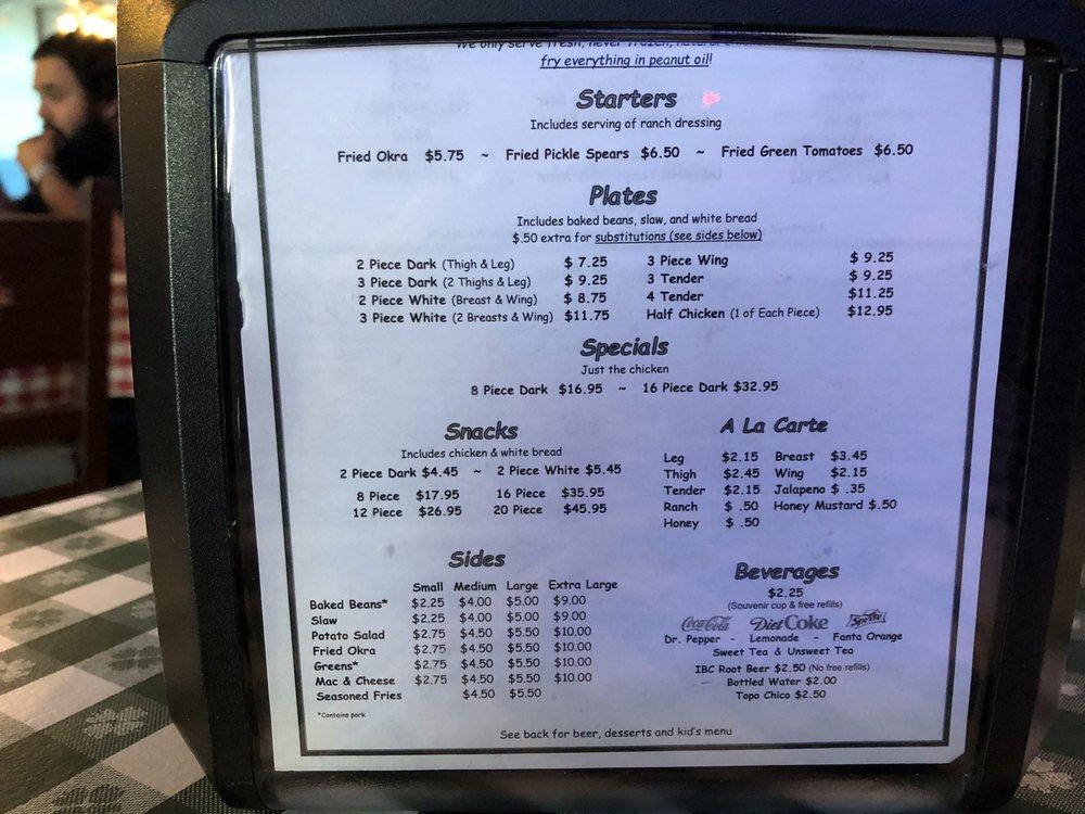 Menu at Gus's World Famous Fried Chicken restaurant, Dallas