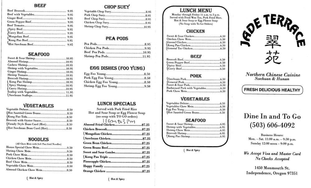Menu at Jade Terrace restaurant, Independence