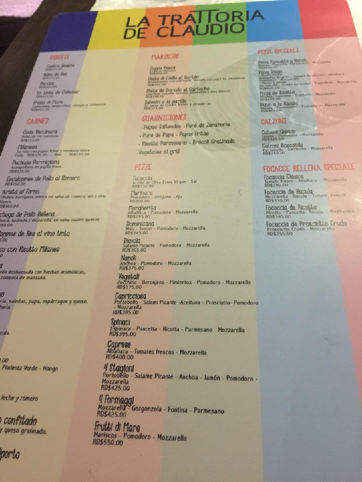 Menu at La Trattoria de Claudio restaurant, Santiago De Los Caballeros