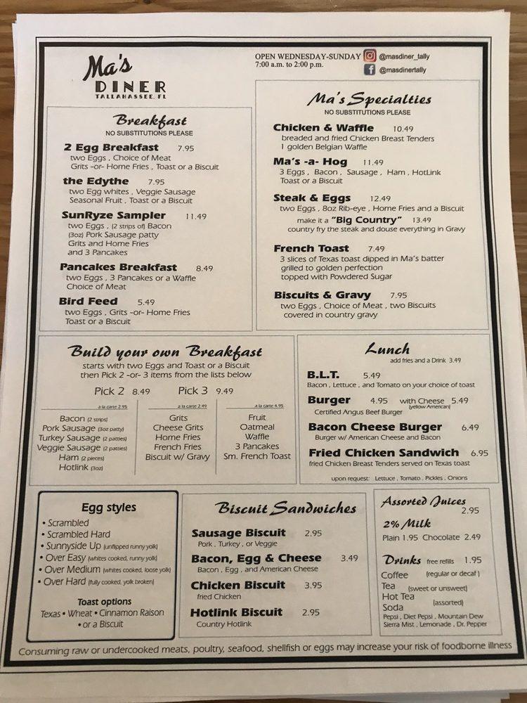 Menu at Ma's Diner restaurant, Tallahassee