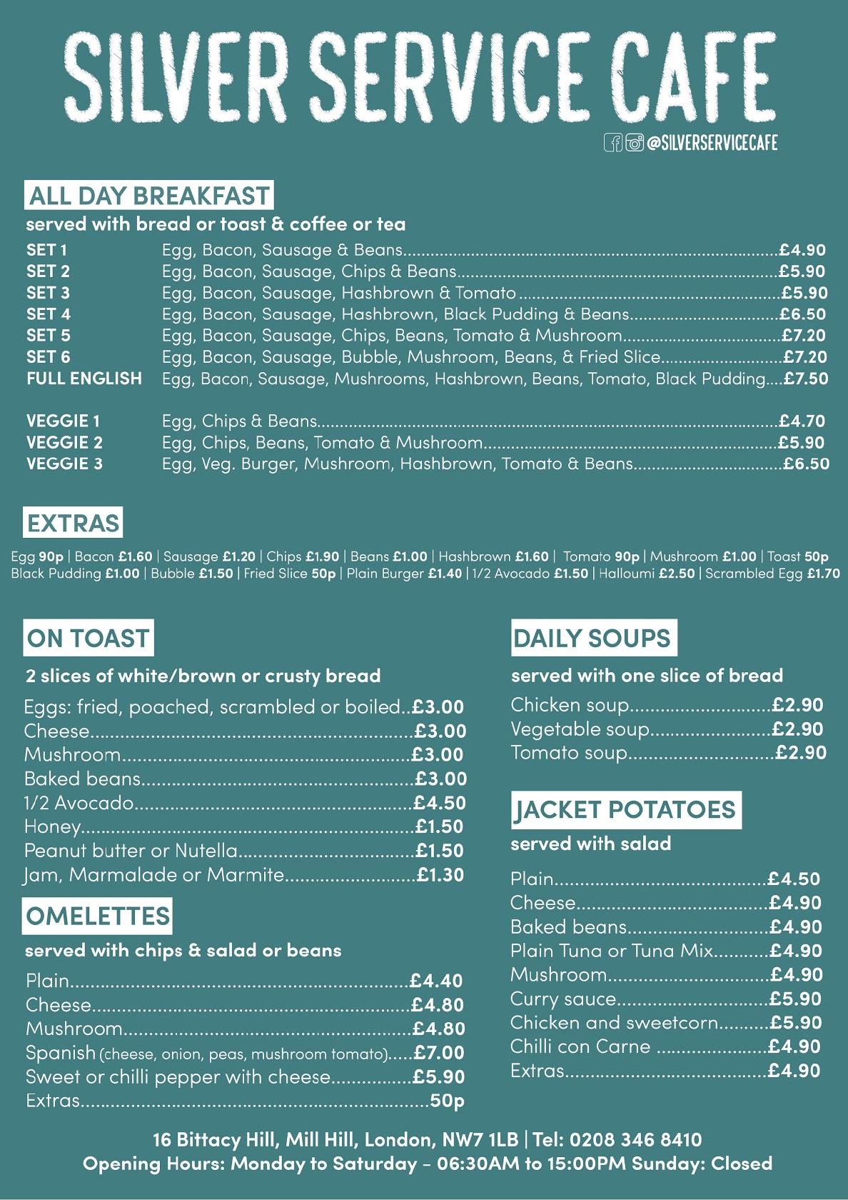 Menu at Silver Service Cafe, London, 16 Bittacy Hill