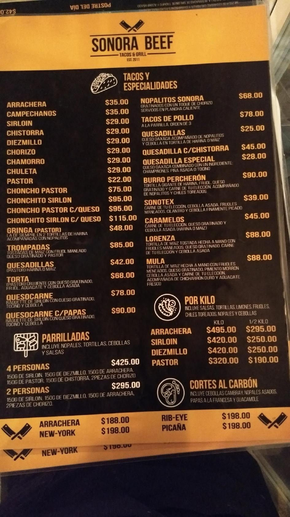 Carta del restaurante Sonora Beef, San José del los Olvera, Calle ...
