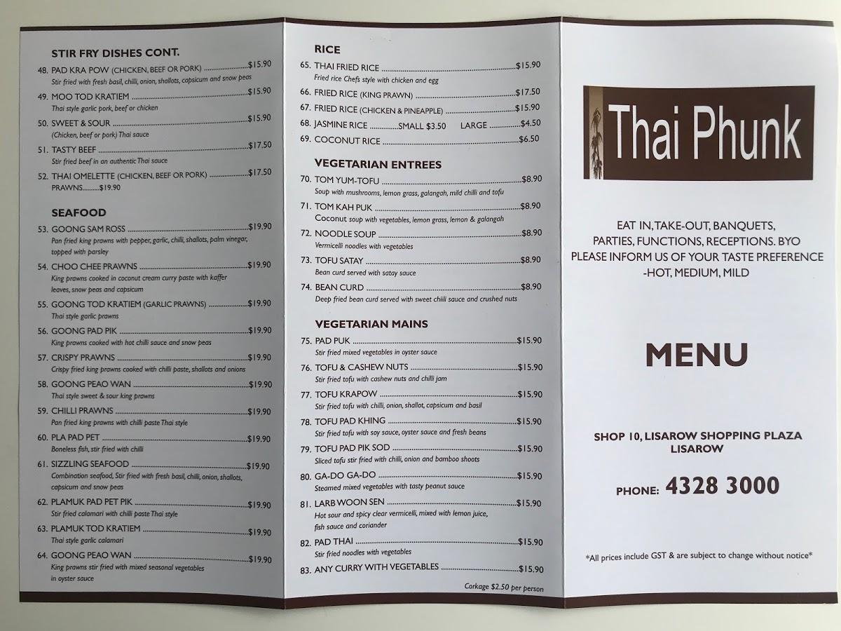 Menu at Thai Phunk restaurant, Lisarow