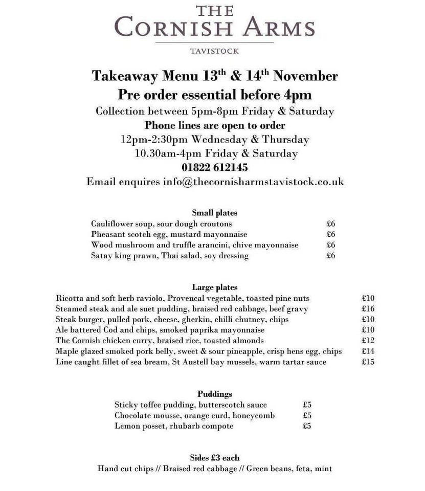 Menu at The Cornish Arms pub & bar, Tavistock