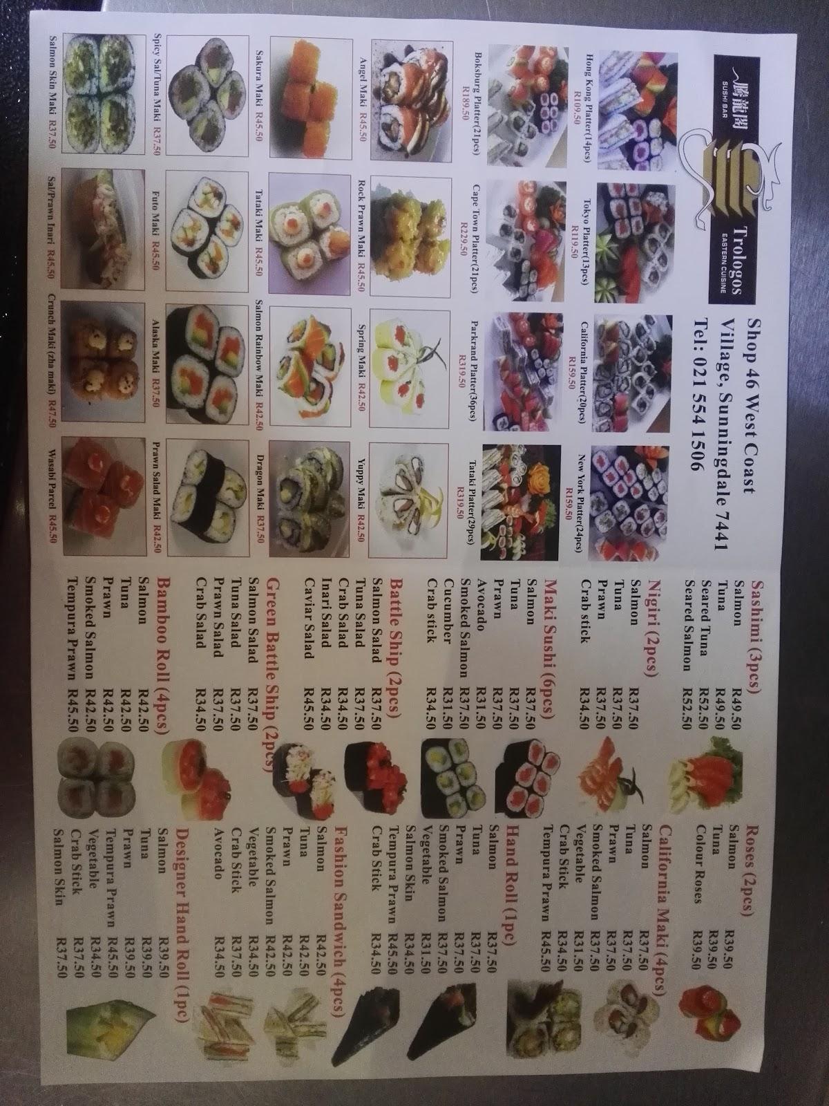 Menu at Trologos Sushi Bar, Cape Town