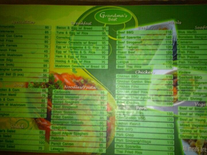 Menu at Grandma's Best restaurant, Dipolog City
