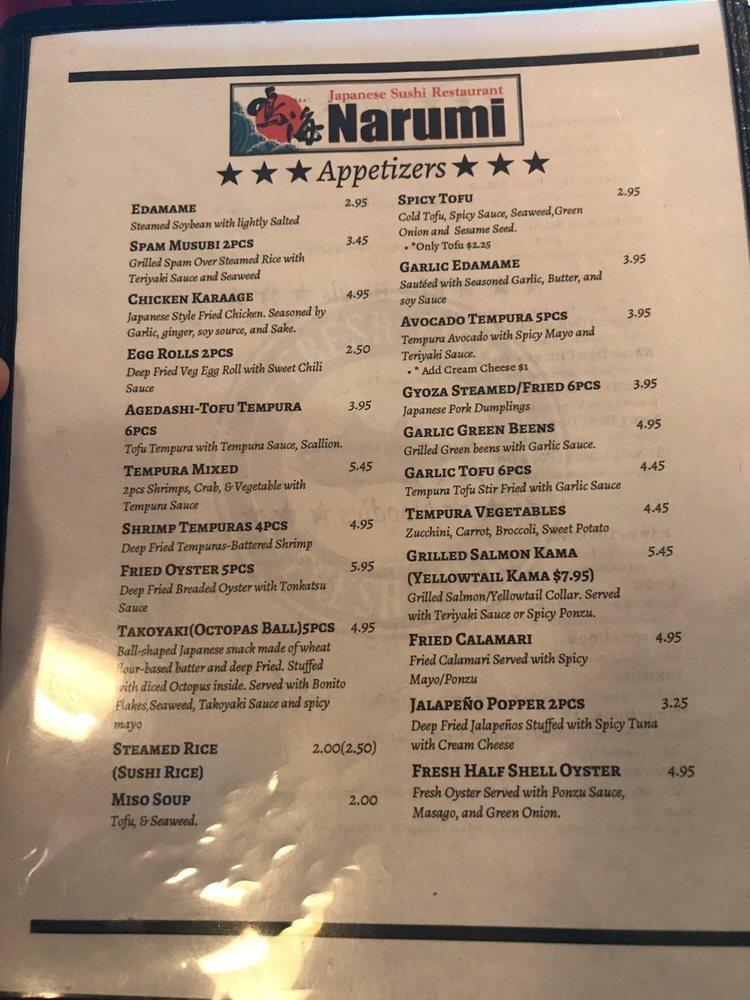 Menu at Narumi Sushi restaurant, La Mesa
