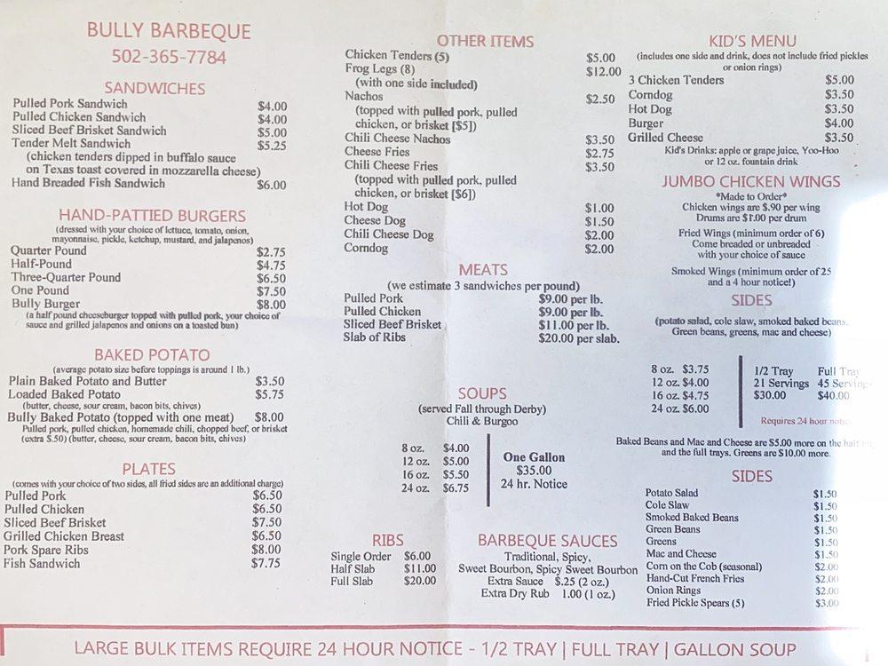 Menu at Bully Barbeque, La Grange, W U.S. Hwy 42