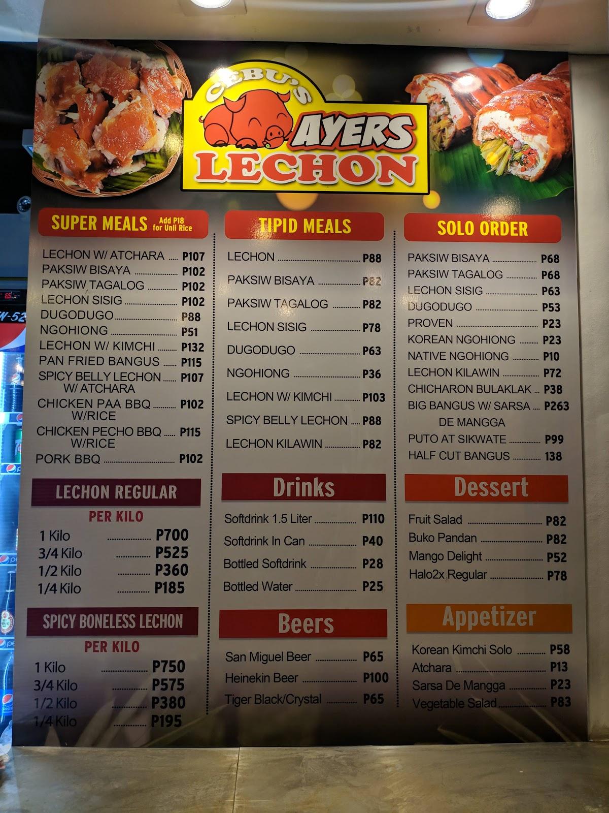 Menu at Cebu's Ayers Lechon restaurant, Cebu City