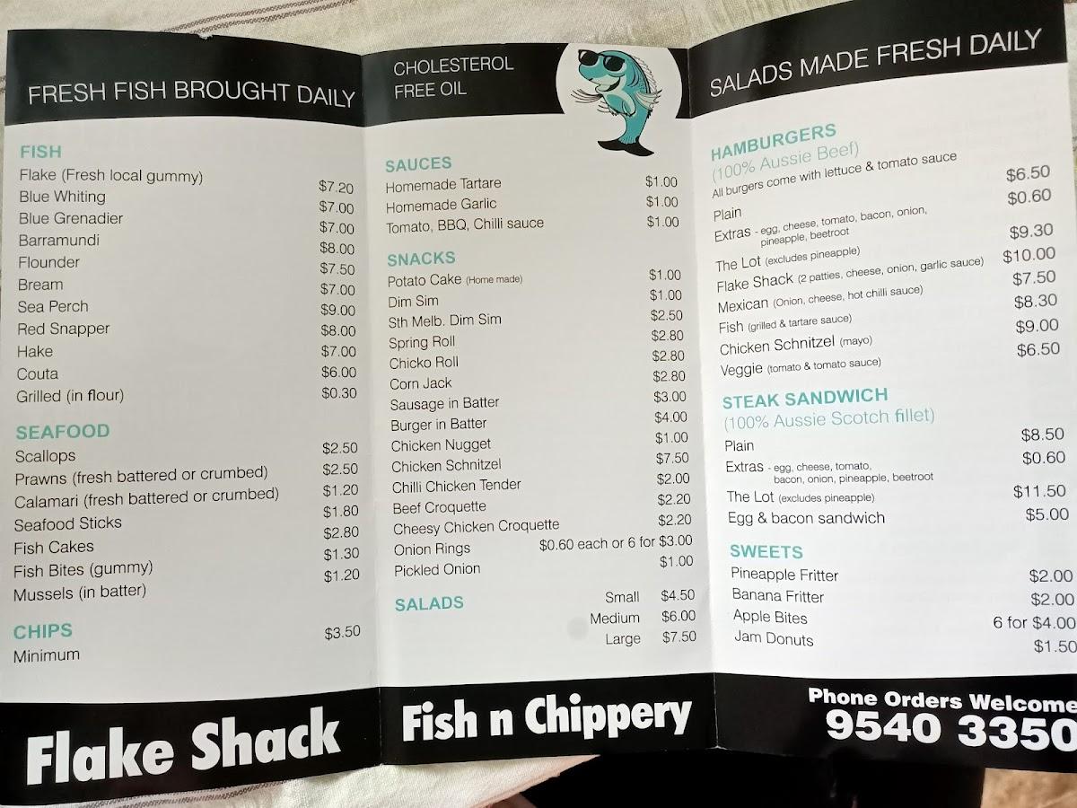 Menu at Flake Shack restaurant, Springvale