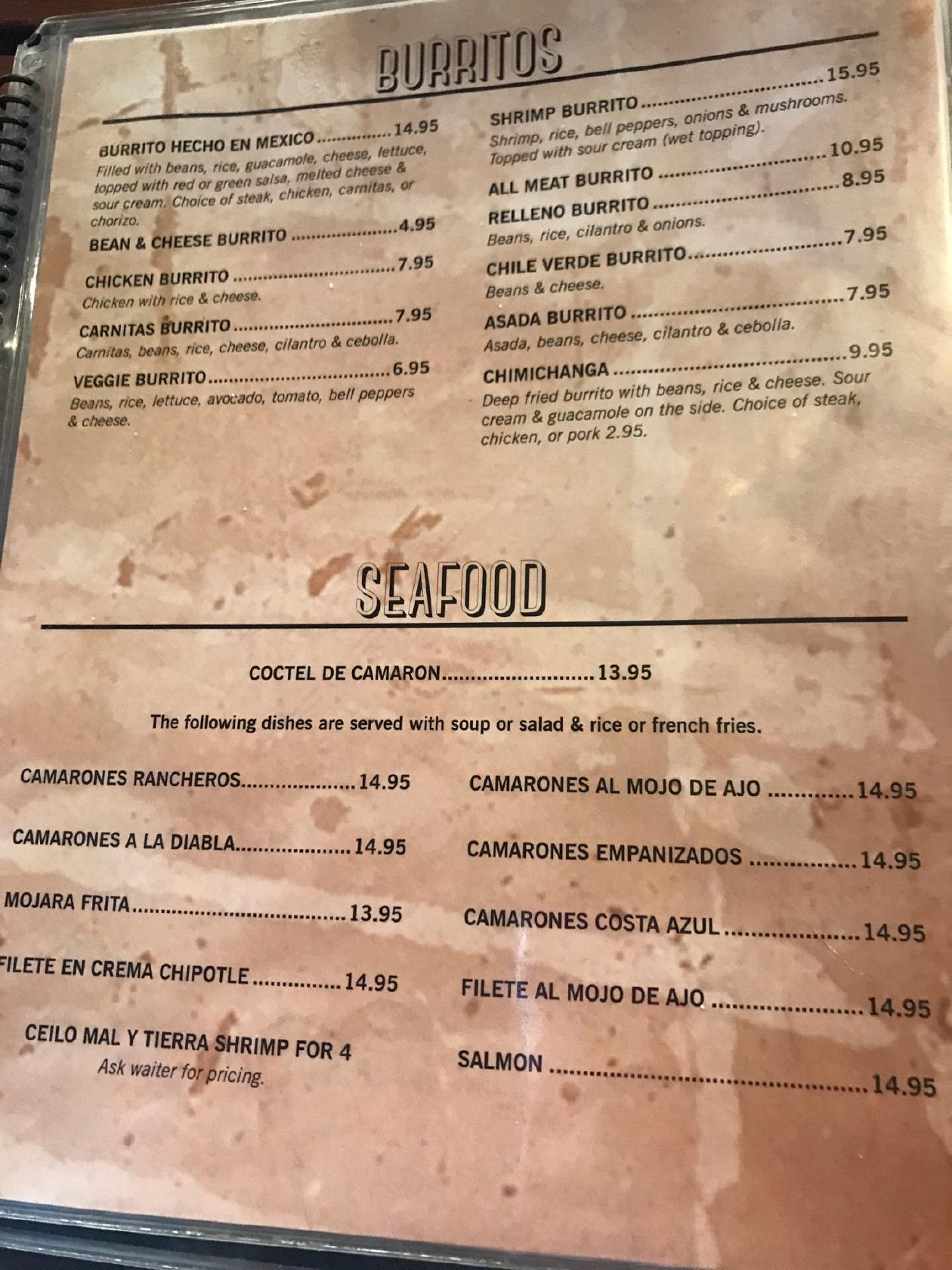 Menu at Hecho en Mexico restaurant, Los Angeles, Huntington Dr S