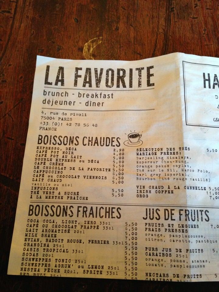 Menu at LA FAVORITE cafe, Paris, 6 Rue de Rivoli