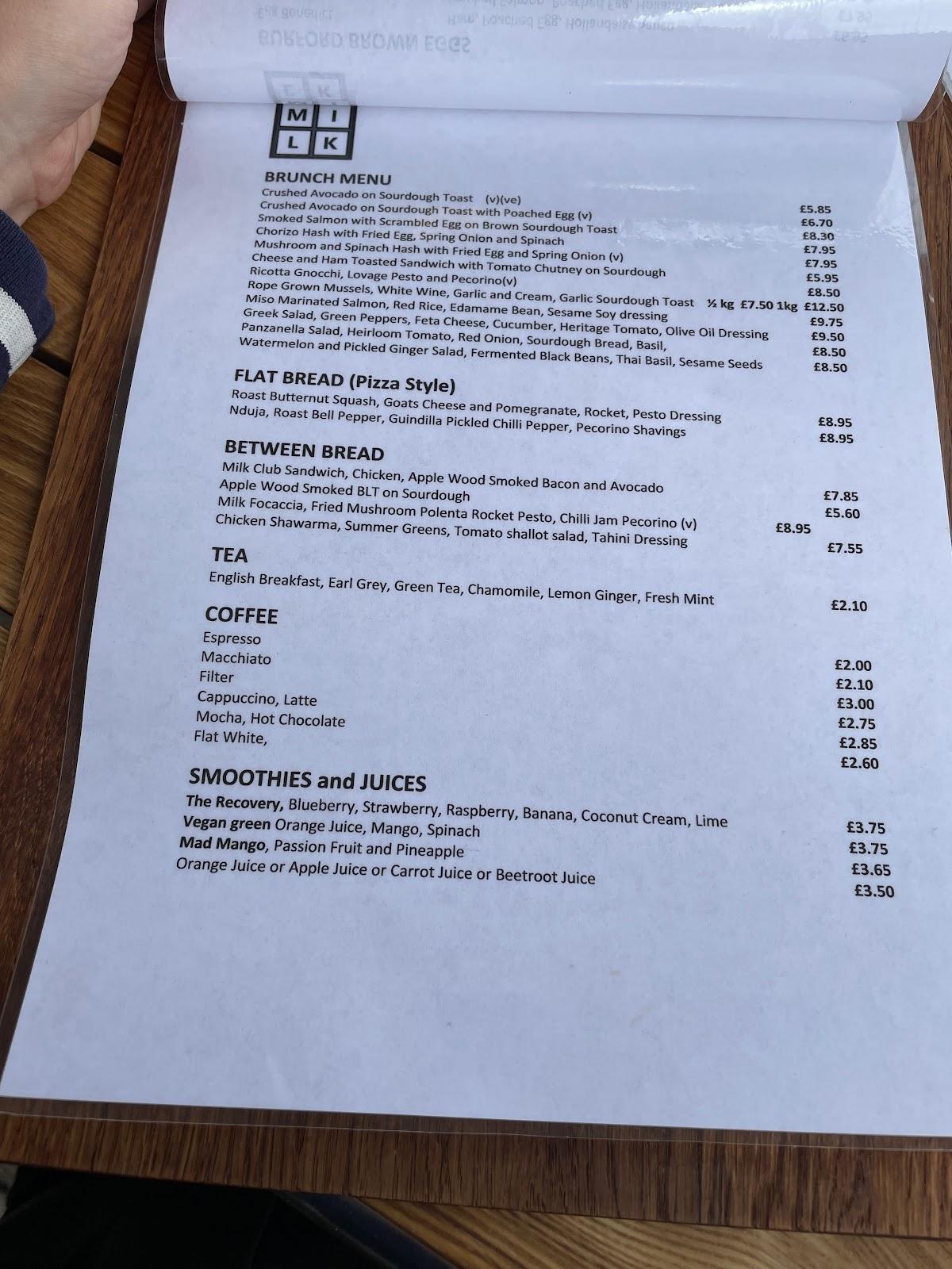 Menu at MILK cafe, London, 164 Manor Ln