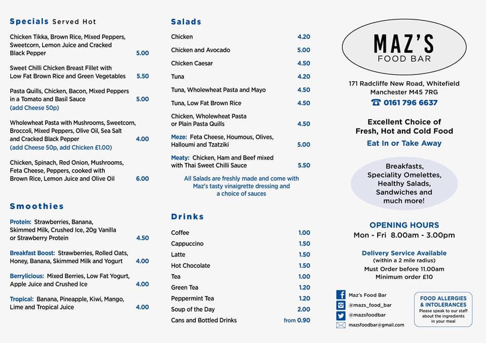 Menu at Maz's Food Bar, Manchester