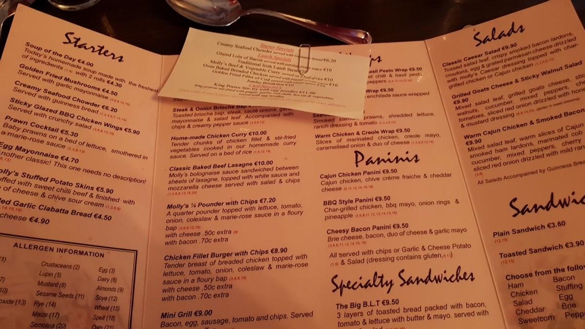 Menu at Molly Fulton's Bar, Sligo, Dublin Road Ballisodare